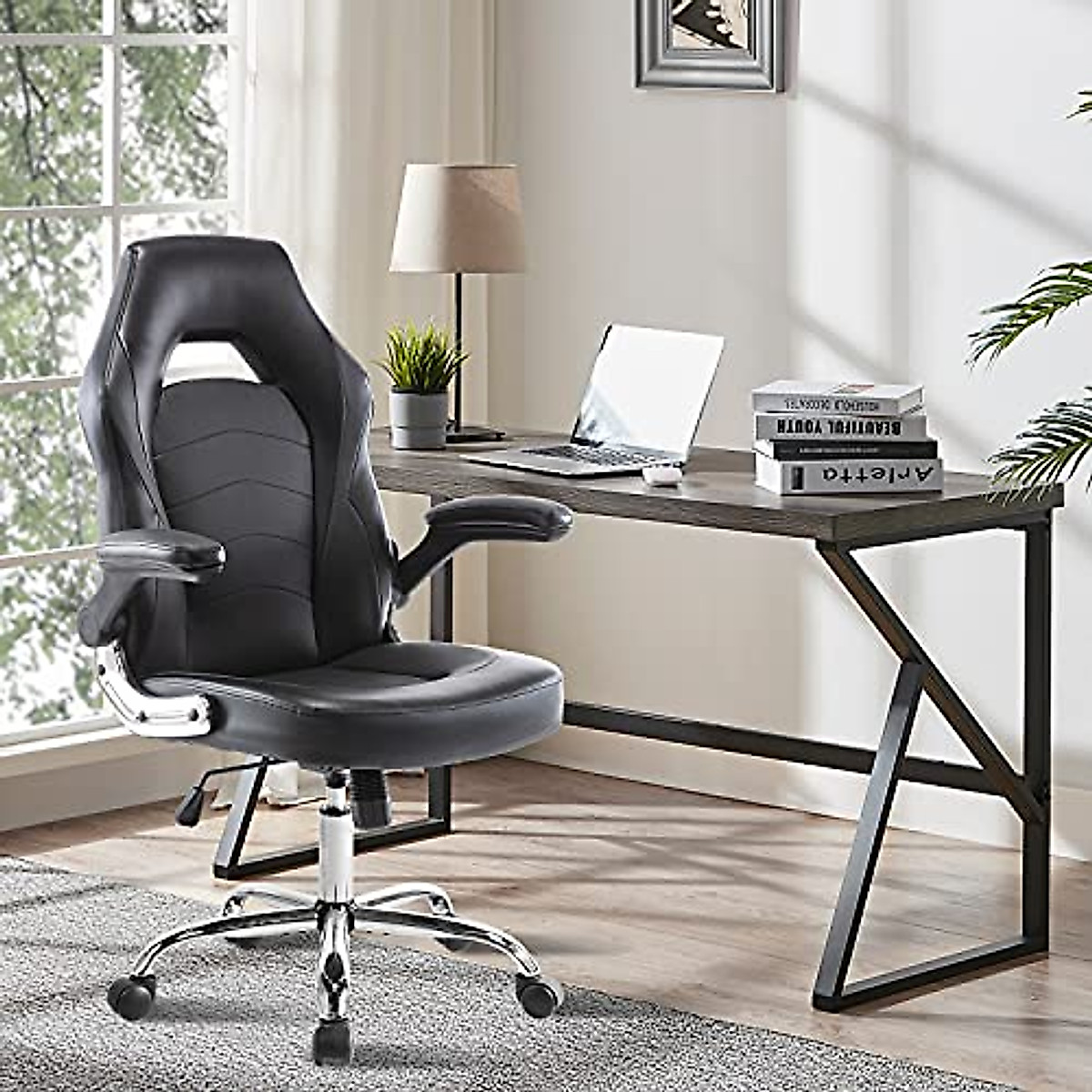Office Chair, Gaming Chair Ergonomic Desk Chair Computer Chair PU Leather Executive Swivel Chair with Flip-up Armrests and Lumbar Support for Working, Studying, Gaming, Black