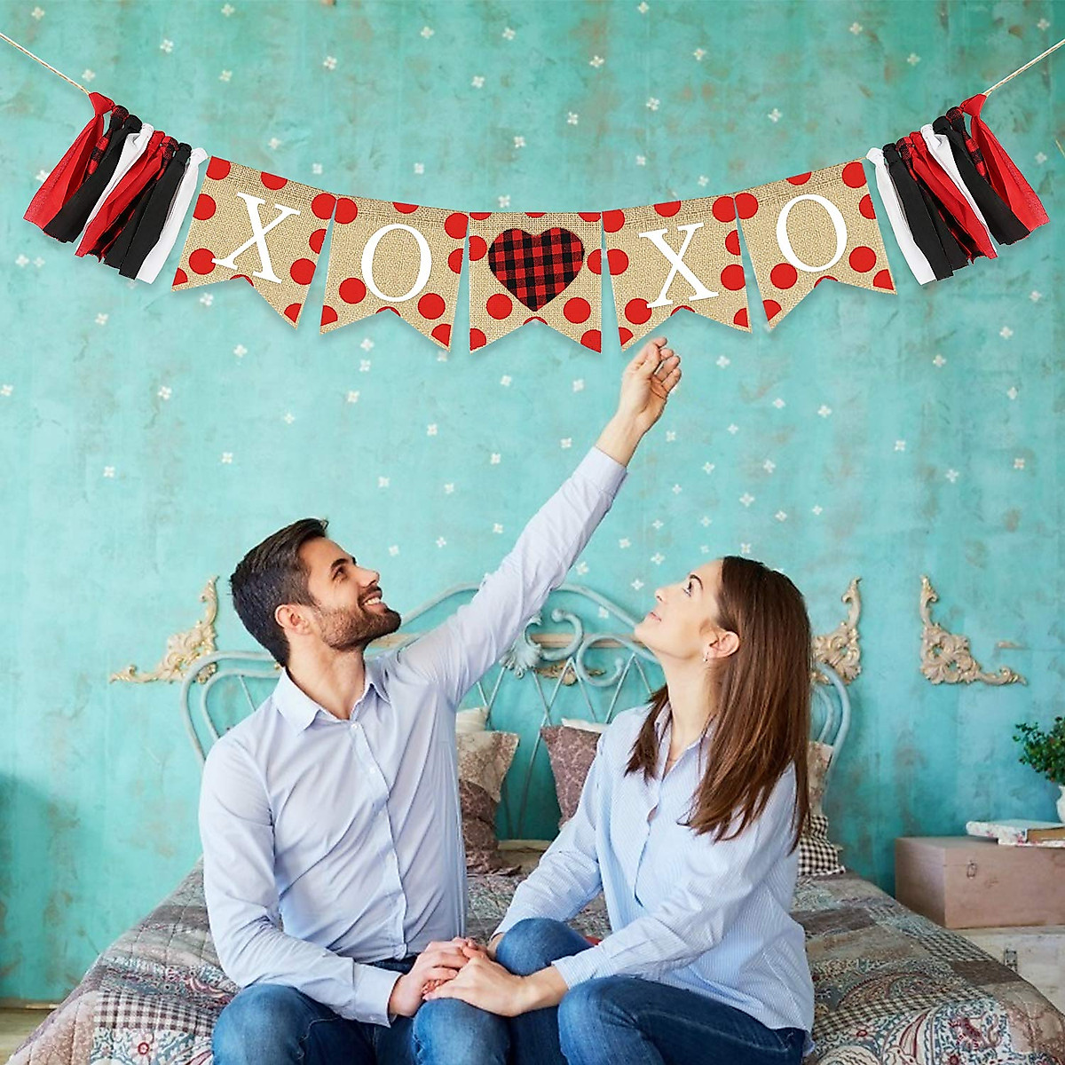 XOXO Burlap Banner - Valentine's Day Decorations - Valentines Burlap Banner for Mantel Fireplace- Black Red Plaid XOXO Banner- Valentines Decorations- Valentine's Day Home Indoor Outdoor Hanging Decor