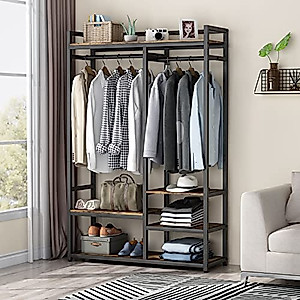 Tribesigns Free-Standing Closet Organizer, Large Double Rod Clothes Garment Rack with Shelves and Tie Rack, Heavy-duty Wardrobe Closet Storage Organizer Clothing Shelving for Bedroom (Rustic Brown)