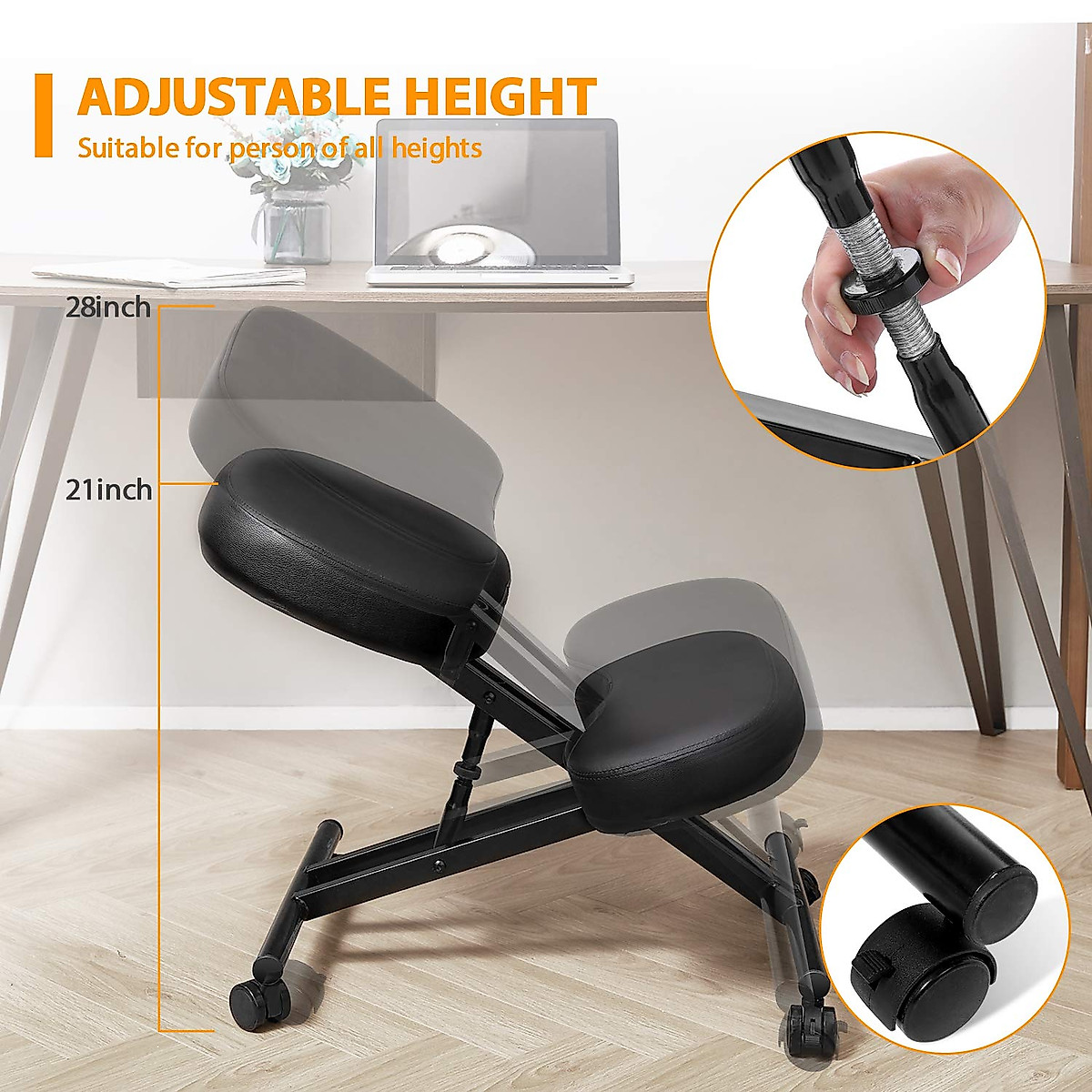 Himimi Ergonomic Kneeling Chair - Faux Leather - Thick Comfortable Moulded Foam Cushions - Brake Casters, Adjustable Stool for Home & Office