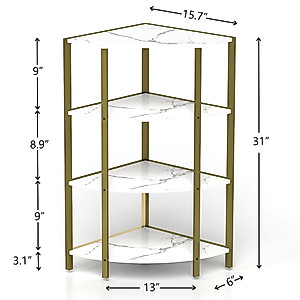 AMZOSS 4 Tier Corner Shelf Stand, Kitchen Shelf Organizer with Faux Marble Shelf and Gold Metal Frame, Freestanding Corner Shelf Display Rack for Living Room, Bathroom, Kitchen, Small Space