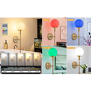Tumgog Battery Operated Wall Sconces Set of 2,Gold Glass Globe Rechargeable Wireless Wall Light Fixture with Remote 10 Colors Modes Dimmable Bulb for Apartment,Farmhouse,Bedroom (Included Bulb)