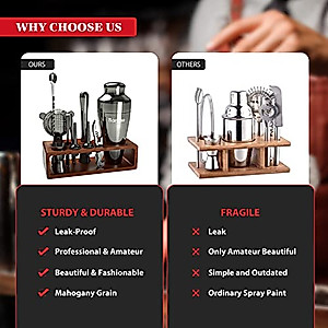 Baraiso Cocktail Shaker Set, Bartender Kit and Cocktail Shaker with Strainer, Bar Tool Kit Set and Mahogany Tool Sets with Mahogany Stand, Bar Accessories for The Home Bar Set - Black