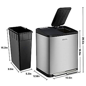 DBAL Trash Can Kitchen, 30 Liter Stainless Steel Trash Can 2 x4 Gallon Soft Close Lid and Airtight Suit for Kitchen Office Home Use