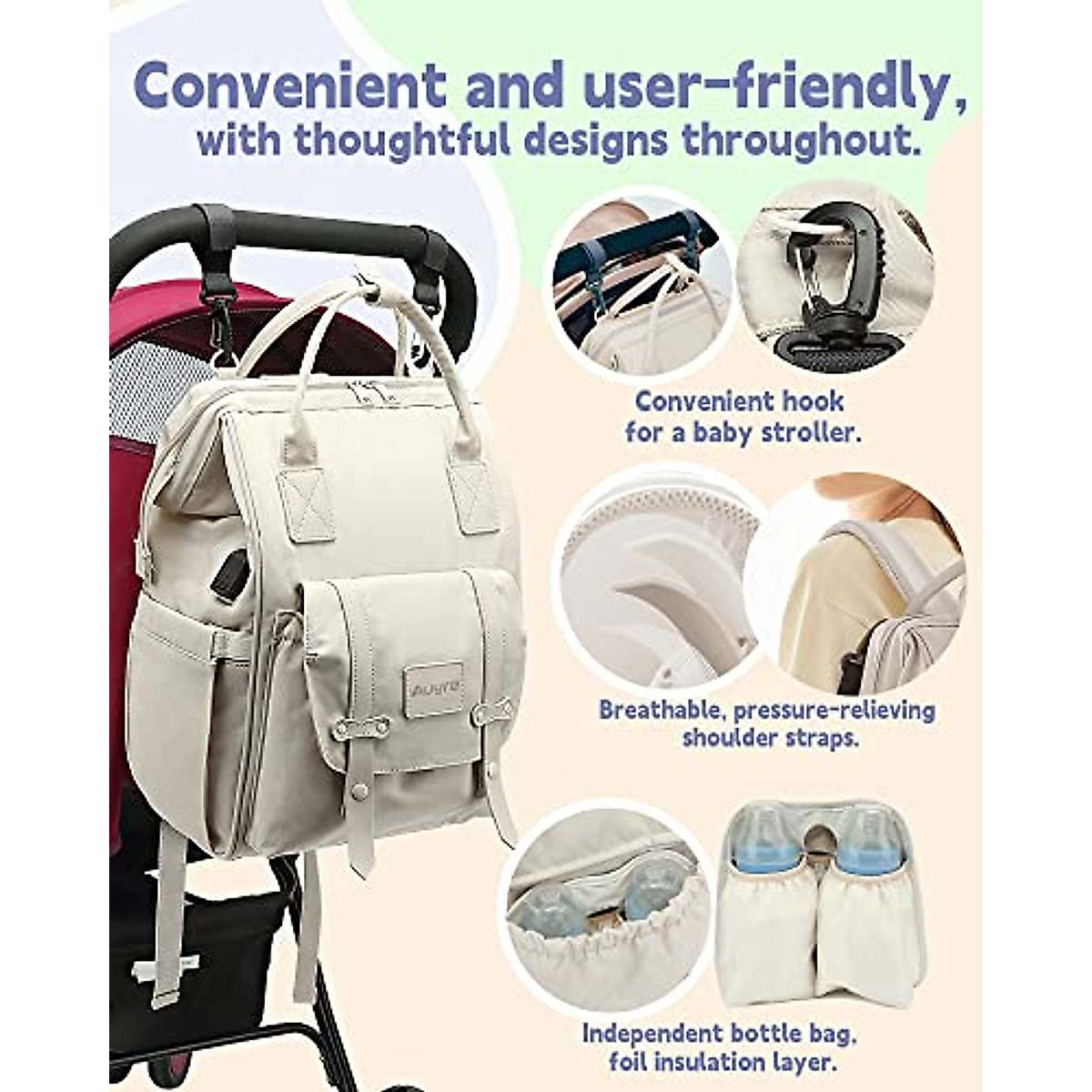 AUYRE Diaper Bag Backpack Nappy Changing Bags Waterproof Travel Backpack with USB Charging Port & Stroller Straps Baby Shower Gifts (Beige)