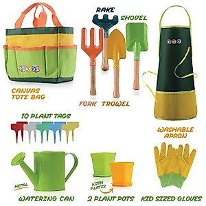 Play22 Kids Gardening Tool Set 12 PCS - Kids Gardening Tools Shovel Rake Fork Trowel Apron Gloves Watering Can and Tote Bag, Toddler Gardening Tools for Kids Best Outdoor Toys Gift for Boys and Girls