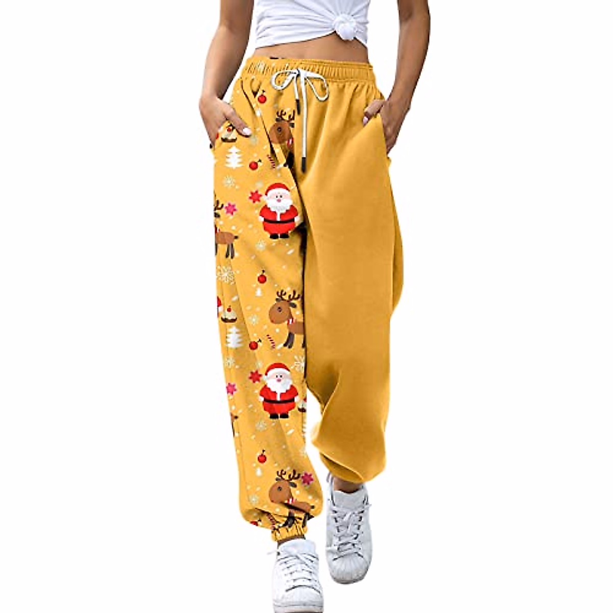 Plus Size Sweatpants,Womens Wide Leg Sweatpants Christmas Snowman Print Elastic Waisted Workout Active Joggers Drawstring Wide Leg Sweatpants Christmas Tree Print W XL