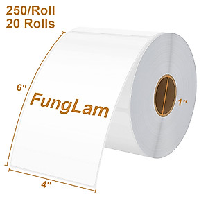 FungLam Thermal Labels 4x6 Direct Thermal Shipping Labels, 20 Rolls with 250 Labels/Roll, 1'' Core, Compatible Zebra 2844 ZP-450 ZP-500 ZP-505 Thermal Printer Label