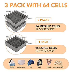 Cyfaza 3 Pack Sock Underwear Organizer Dividers 64 Cell Fabric Foldable Dresser Drawer Organizers for storing Sock, Ties, Panties, Belts (16+24+24 Cell)