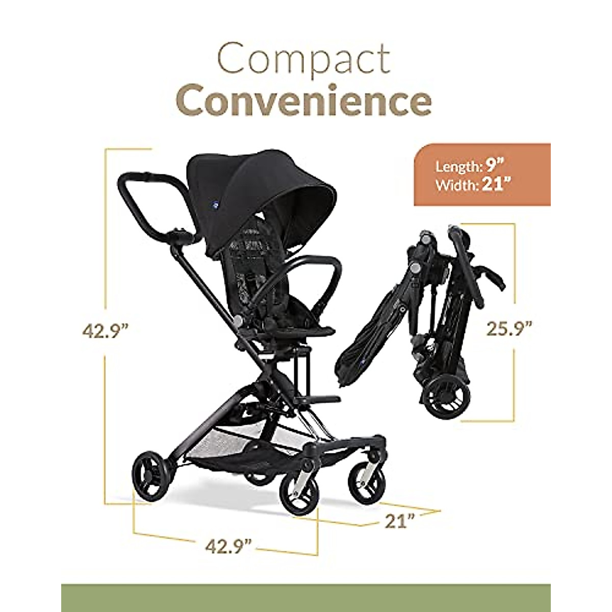 Unilove On The Go 2-in-1 Lightweight and Frame Stroller with Reversible Toddler Seat, Bubble Black