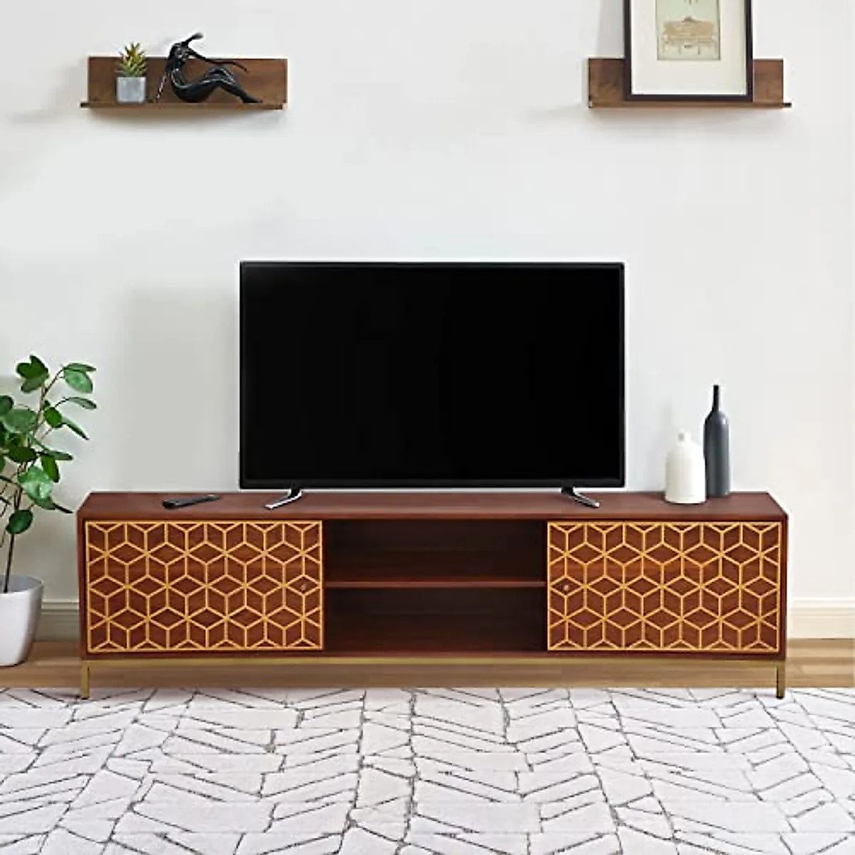 The Urban Port Kalyn 75-Inch Handcrafted TV Media Console Entertainment Center, 2 Doors, Center Shelf, Geometric Design Print, Brown Acacia Wood, Brass