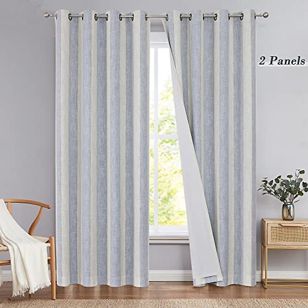 WEST LAKE Blue and Beige 100 Blackout Curtain 2 Panels 63 Inches Long Thermal Insulated Linen Blend Grommet Blackout Window Treatment Blue White Vertical Striped for Bedroom Living Room, 50" Wx63 L