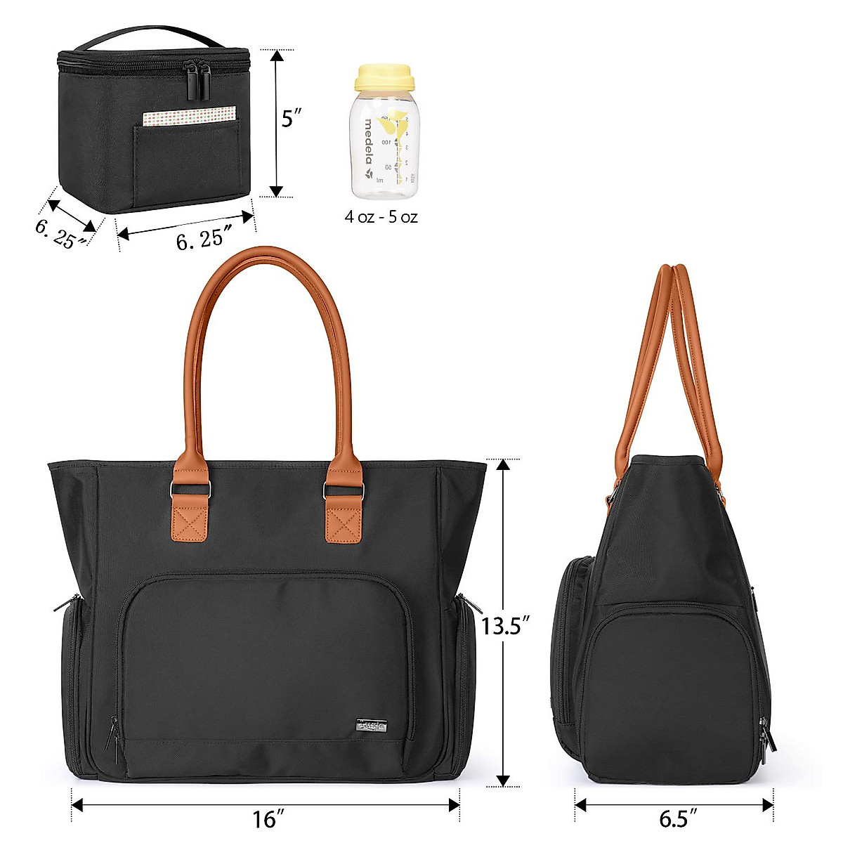 LUXJA Breast Pump Bag with Breastmilk Cooler Bag (Hold Four 5 Ounce Breastmilk Bottles), Leather Handle Breast Pump Tote for Working Mothers (With a Laptop Pocket), Black