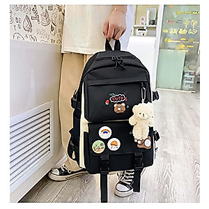 MOJIDUO 5Pcs Set Kawaii Backpack with cute plush Pendants & Badge,19 gallon capacity School Bag Cute Aesthetic Backpack
