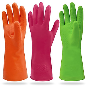 Cleanbear Synthetic Rubber Gloves, Medium Size, 11.8 Inches, 3 Pairs 3 Colors for Spring Cleaning, Dishwashing and Other Home Cleaning Use