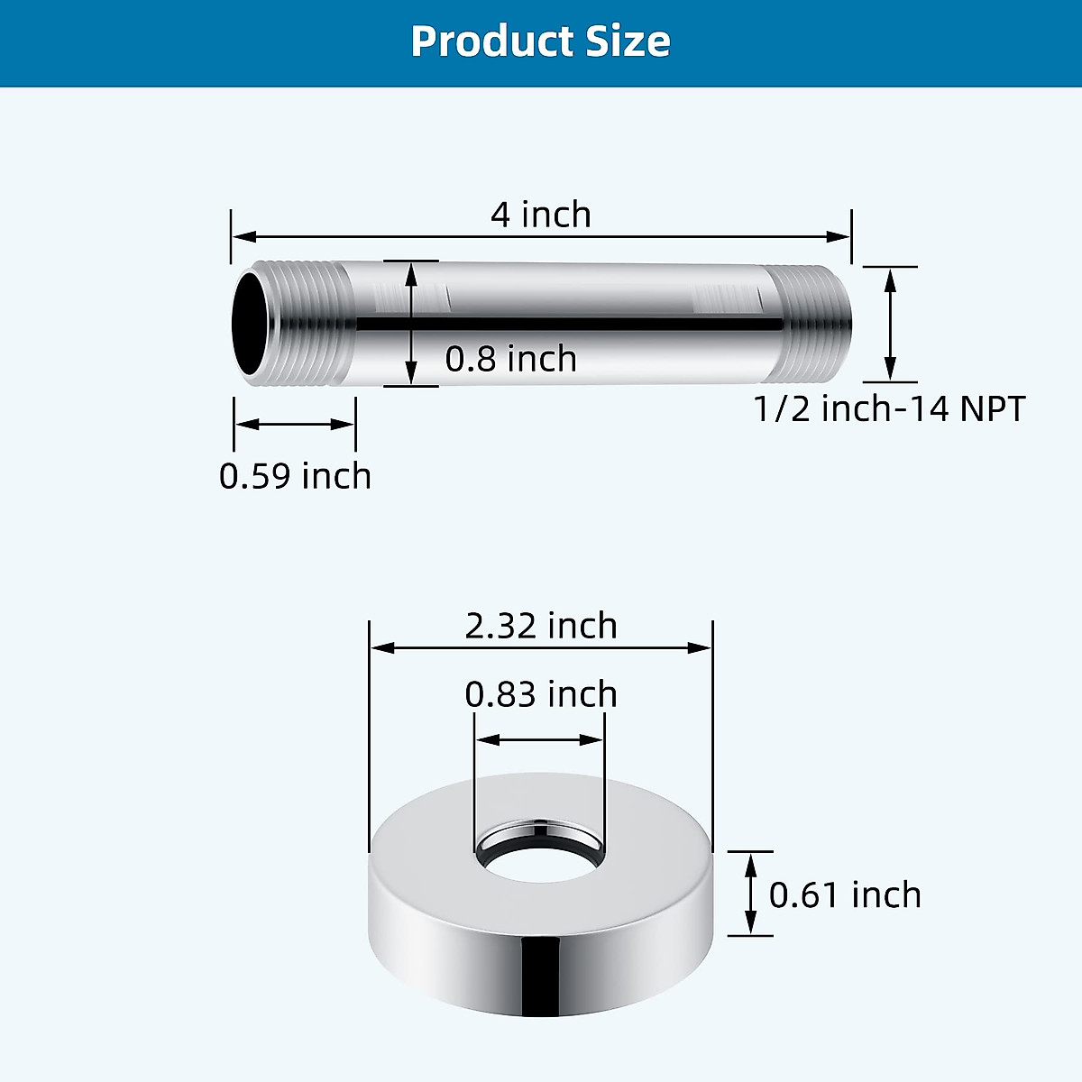 Hibbent All Metal Ceiling Mounted Shower Arm, 4 Inch Shower Head Extension Arm with Flange, Stainless Steel Straight Shower Arm For High Pressure Rain Shower Head, Shower Head Extender, Chrome