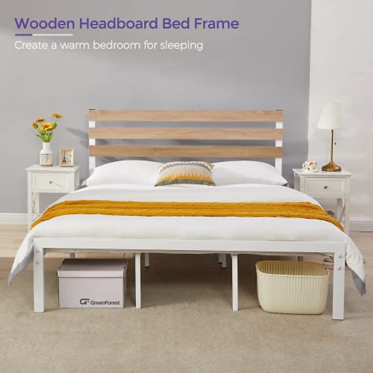 GreenForest Bed Frame Queen Size with Wooden Headboard Platform Bed with Metal Support Slats and Twin Bed Frame Tool-Free Assembly Metal Platform