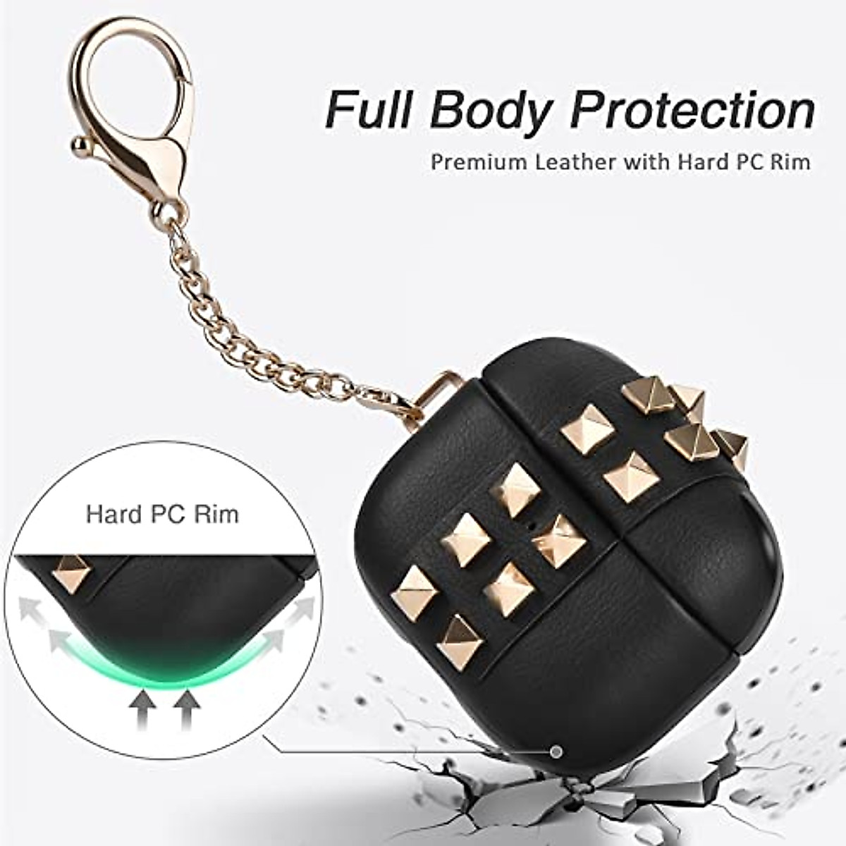 Nereides Compatible with AirPods 3 Case, Protective Leather Cover with Keychain, High-end Fashion Design Skin with Bling Rivets for Women, Supports Wireless Charging, Black