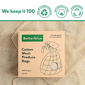 Betterblue 100% Organic Cotton Produce Bags, Reusable & Eco Friendly, Set of 6