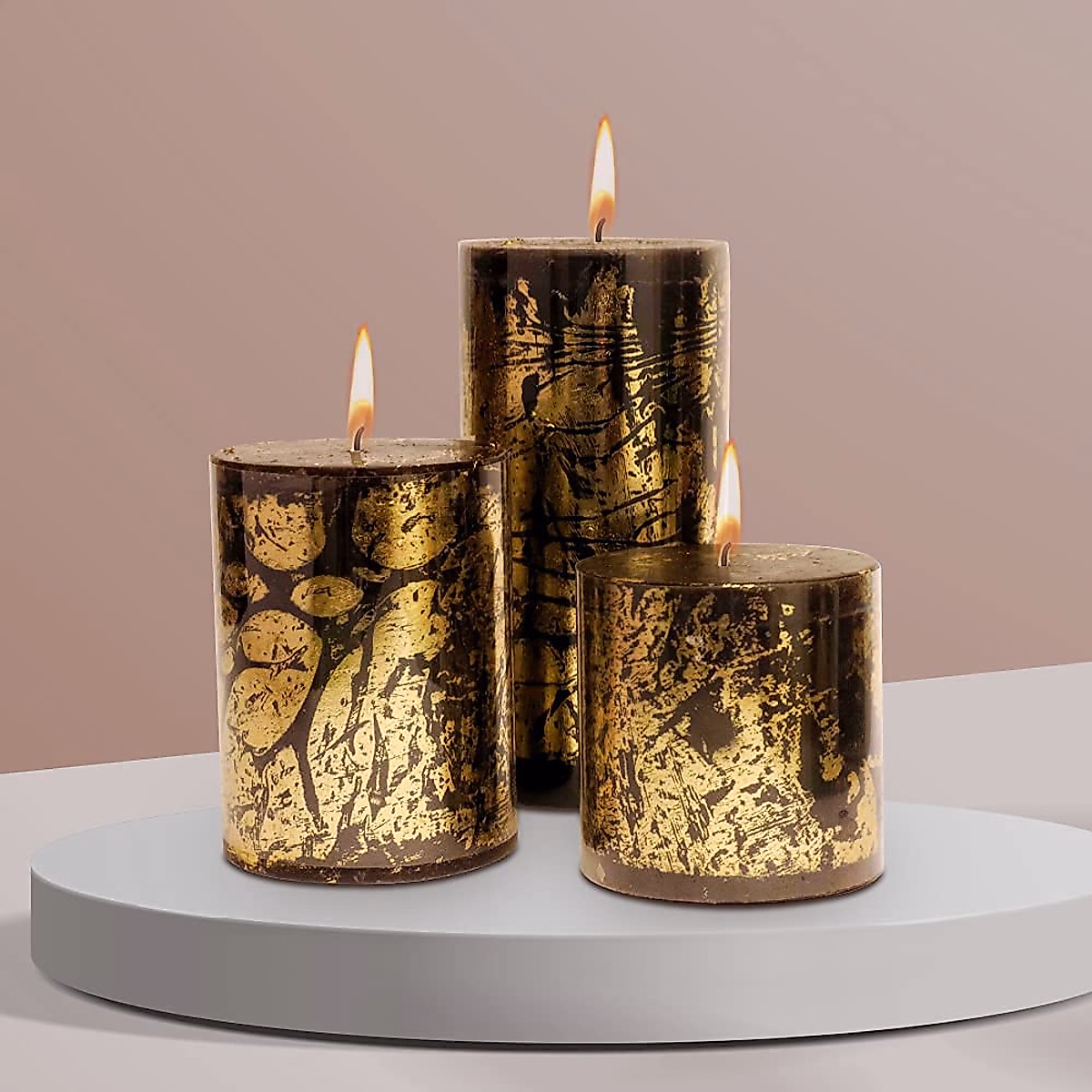 AuraDecor Set of 3 Black Pillar Candles with Gold Finish ( Gift Set , Pack of 3 Candles, 3, 4, 6 inch ), Large