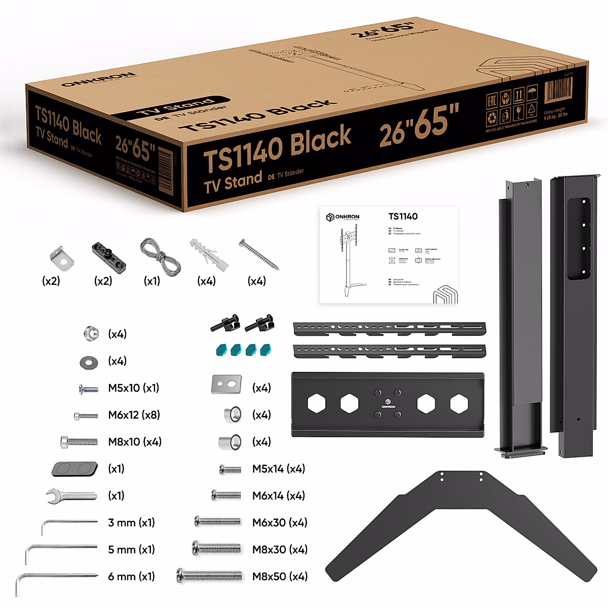 ONKRON Swivel Floor TV Stand Tempered Glass for 30" - 60" TV & Screen, Minimalist TV Stand Floor Standing up to 90 lbs, Bedroom TV Stand Adjustable Height Max VESA 400x400/TV Stand (26-65" / 77 lbs)