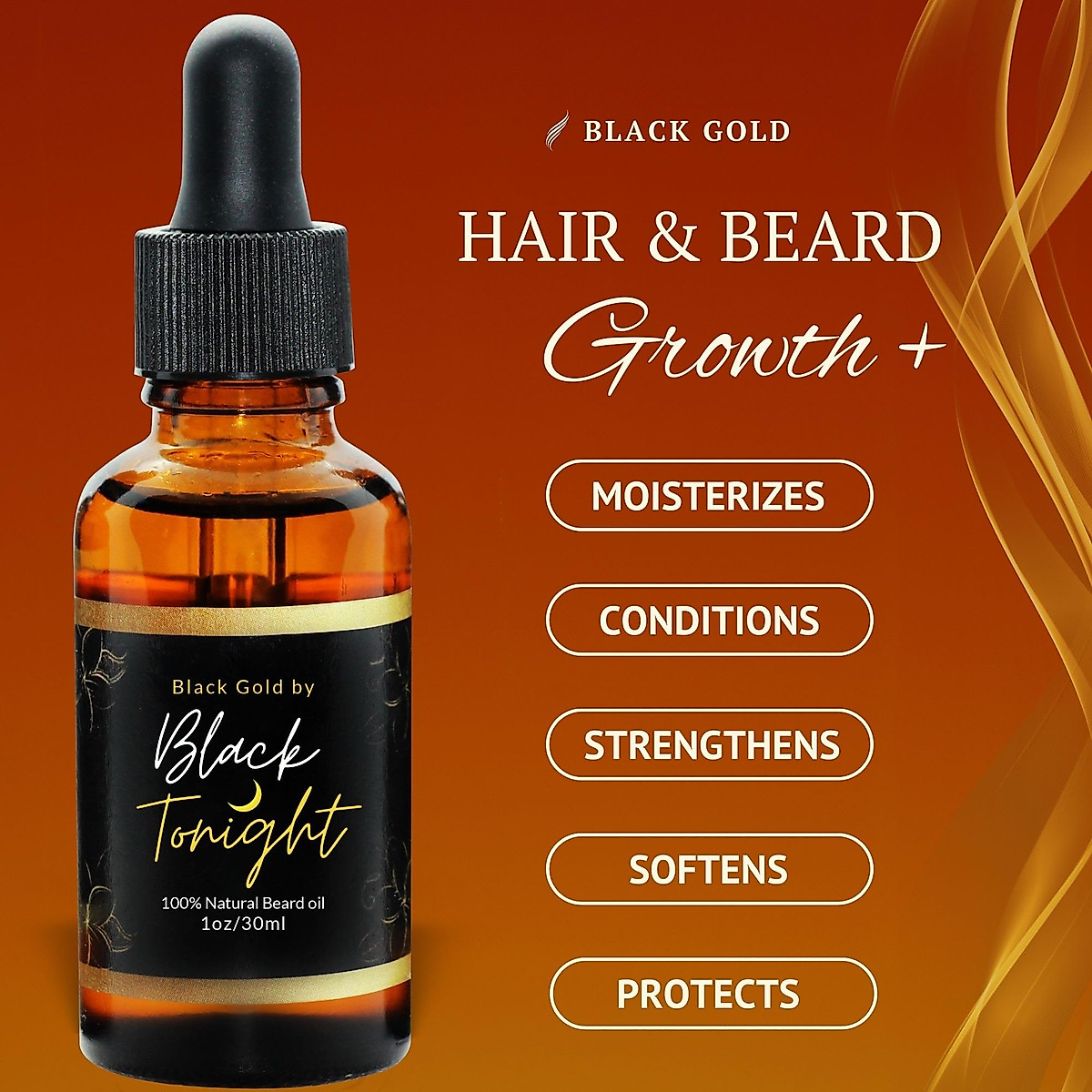 Black Tonight Premium Beard Oil – Organic Beard Growth Serum with Orange Citrus Scent – Luxury Beard & Hair Growth Serum that Softens, Conditions, Strengthens & Protects - 1oz