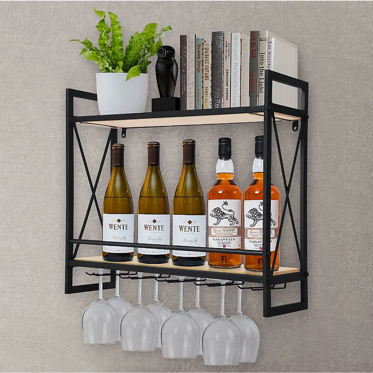 MYOYAY Industrial Wine Racks Wall Mounted 23.6in Industrial Pipe Shelf with 5 Stem Glass Holder 2 Tier Rustic Metal Hanging Wine Holder Wood Shelves Wall Shelf