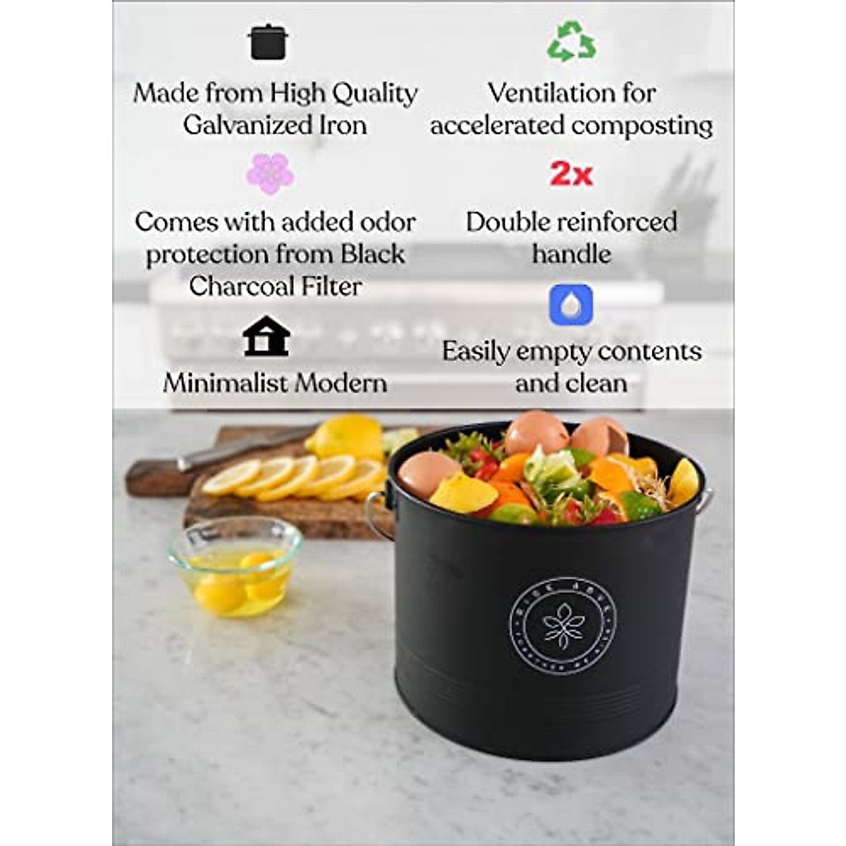 Rise Abve Compost Bin - Odorless Indoor Food Waste Bin with Lid - Scrap Bin - Water Resistant & Rust Bucket - Fixed Black Charcoal Filter - Cross Shaped Design - Easy to Clean Kitchen - Size 8”x7 1/2