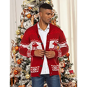 COOFANDY Mens Ugly Christmas Xmas Reindeer Snowflake Button Front Long Sleeve Shawl Collar Cardigan (Red M)