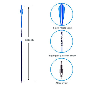 VNAKER Archery 30Inch Carbon Arrow for Compound & Recurve Bow Hunting, 12 Pcs Arrow (Blue)