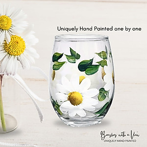 Hand Painted White Daisy Flower Stemless Wine Glass, Gift for her, Daisy Flower Wine Glass 15 oz