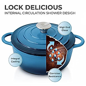 Trustmade 4.5 QT Cast Iron Dutch Oven, Enamel Coated Cookware Pot with Self Basting Lid for Home Baking, Braiser, Cooking, Blue