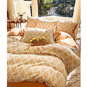Doimier Duvet Cover Queen Boho, 4 PCS Vintage Bedding Sets, Gingham Patterned Comforter Covers Set with Zipper Closure, Soft Breathable Geometric Orange Rhombus (Diamond Grid, Queen)