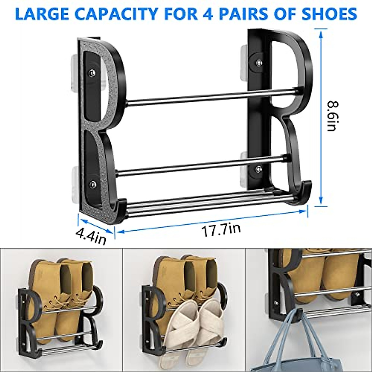 DEYILIAN Wall Mounted Shoes Rack 4 Pack, Hanging Shoe Organizer, Door Hanging Shoe Rack with Sticky Mounts, Wall Shoe Holder for Camper RV Shoe Storage with Hooks No Drilling Black