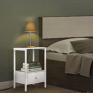 melos Side Table with Charging Station, Nightstand with USB Ports & Power Outlets, Narrow End Table with Drawer and Storage Shelf for Small Spaces, Bedside Tables for Bedroom, Living Room, White