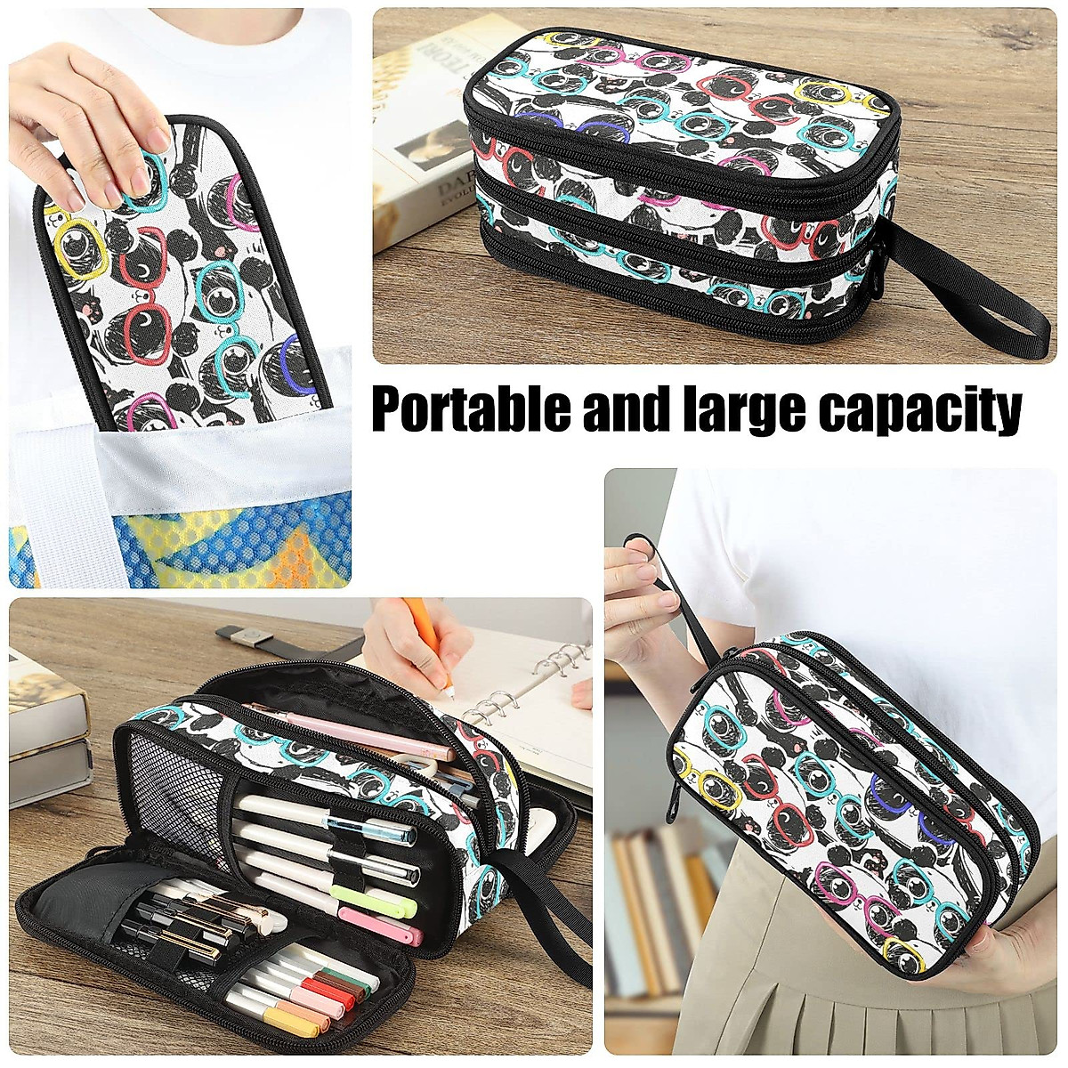 Fustylead Panda Wear Glasses Big Capacity Pencil Pen Case, Multi-Purpose Makeup Bag Organizer Storage Pouch for Office College School Hiking Travel