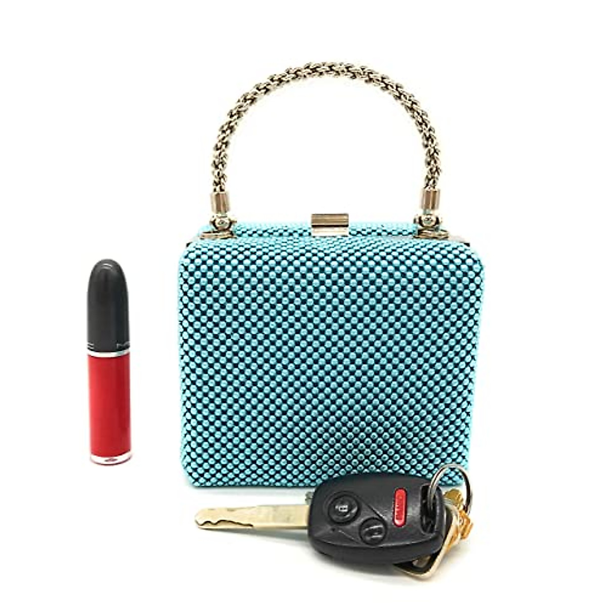 XX-Small clutch Metal beaded mesh evening box purse for Cocktail Party Prom Wedding Banquet (Matt-Blue)