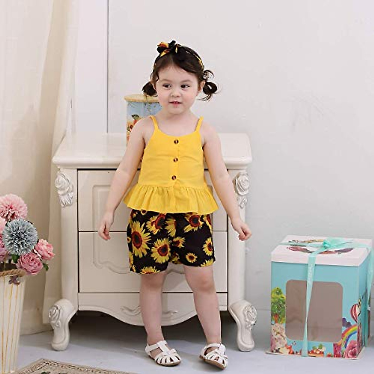 Kucnuzki Toddler Baby Girl Clothes Summer Outfits Ruffle Sleeveless Linen Shirt Kid Short Set for Girl (18-24 Months, Yellow+Black)