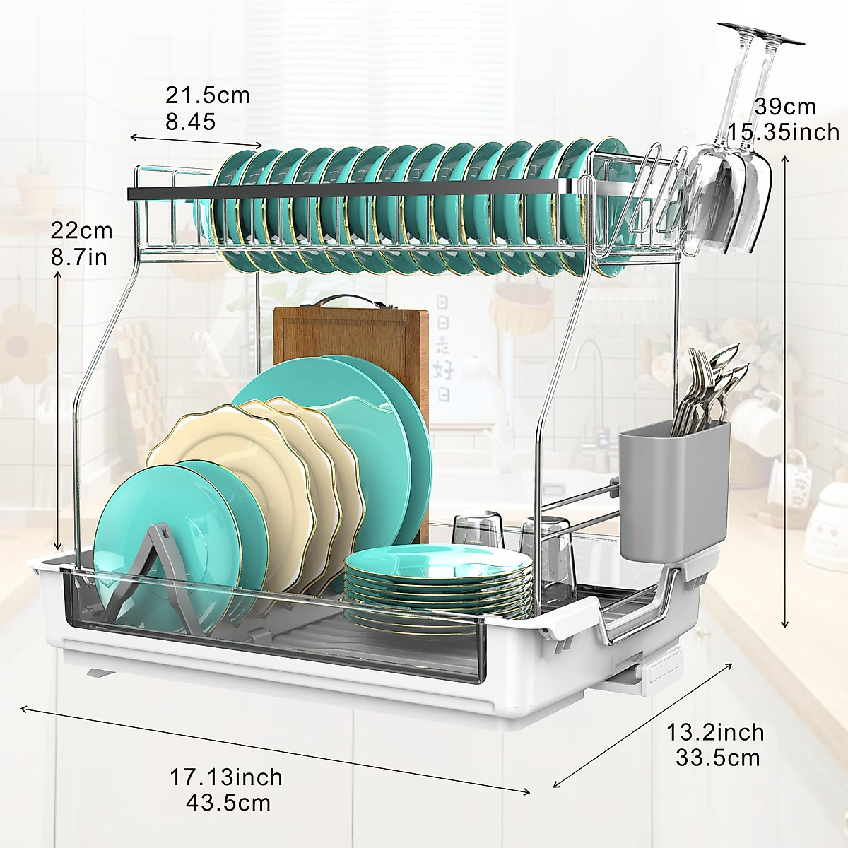 EMT ETRENDS Large Capacity Dish Drying Rack,Rust Resistant Dish Rack for Kitchen, Compact and Foldaway Dish Drainer with Removable Drainboard, Utensil/Cutlery Holder , Plastic, White