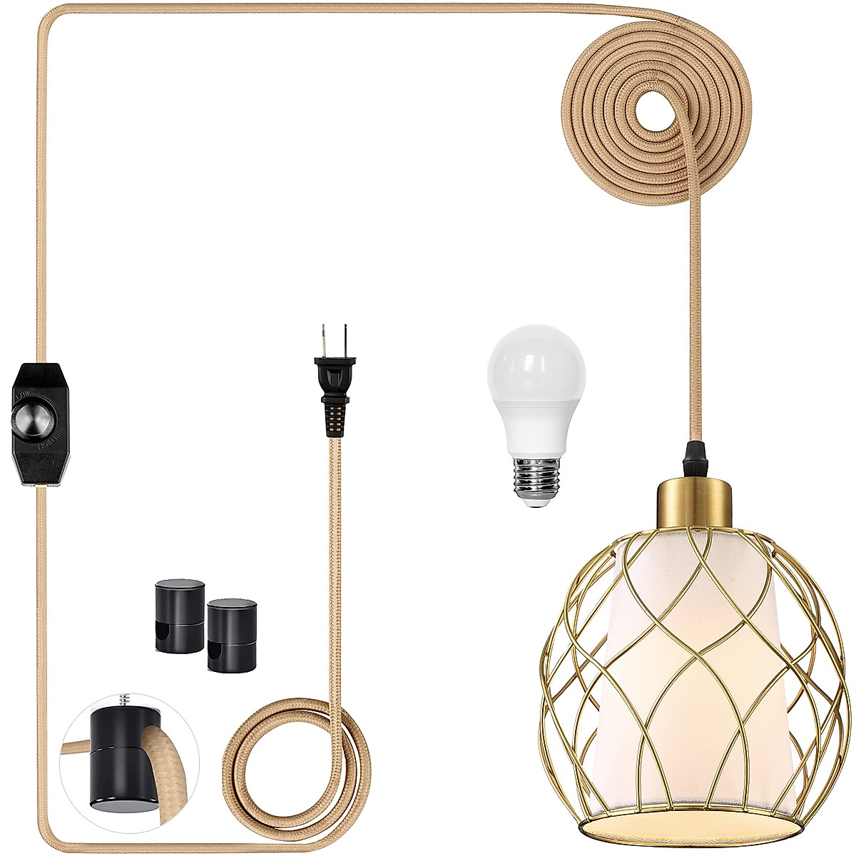 Ruzectt Plug in Pendant Light,Hanging Light with Plug in Cord,Gold Hanging Lamp with Dimmable Switch,15 ft Golden Cotton Cord,Hanging Light Fixture for Kitchen Living Room Bedroom (Bulb Included)