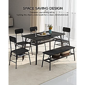 Bealife Dining Table Set for 6 with Bench, 6 Piece Dinette Set W/Chairs for Small Space, Kitchen Table and Chairs for 6 with Rectangular Table, Bench, 4 Chairs, Storage Rack, Steel Frame - Black