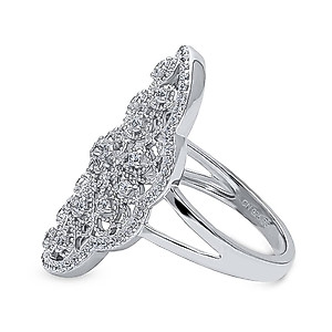 BERRICLE Sterling Silver Flower Cubic Zirconia CZ Statement Navette Cocktail Fashion Ring for Women, Rhodium Plated Size 8