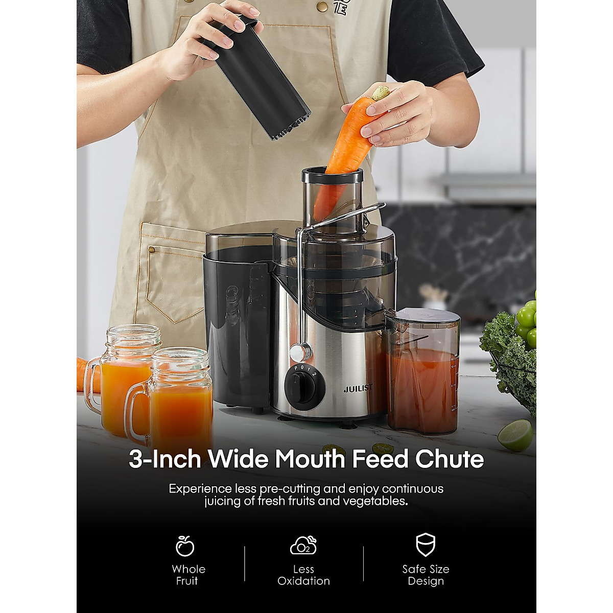 Juicer Machines, 600W Centrifugal Juicer Extractor with Wide Mouth 3” Feed Chute, 1200W Peak Power for Hard & Soft Fruit Vegetable, Easy to Clean, Stainless Steel, Silver