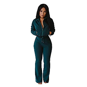 Bluewolfsea Tracksuit for Women Set - Two Piece Outfits Casual Long Sleeve Zip Top Sweatshirt + Bell Bottoms Jogging Sets Large Green