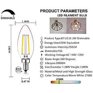 SHUWDKAR 2W LED Candelabra Bulb 25W Equivalent E12 Dimmable LED Bulbs Clear Filament Vintage Home Decoration Candle Light Bulbs B11 2700K Warm White,6 Pack