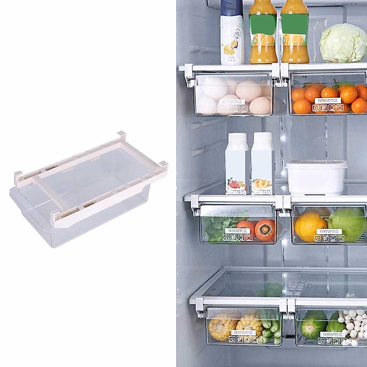 Fridge Drawer Organizer, Refrigerator Organizer Bins Pull Out Shelf Storage Transparent Organizer Fridge Shelf Holder Storage Box for Egg Fruit Vegetable Seafood Meat for Fridge Shelf Under