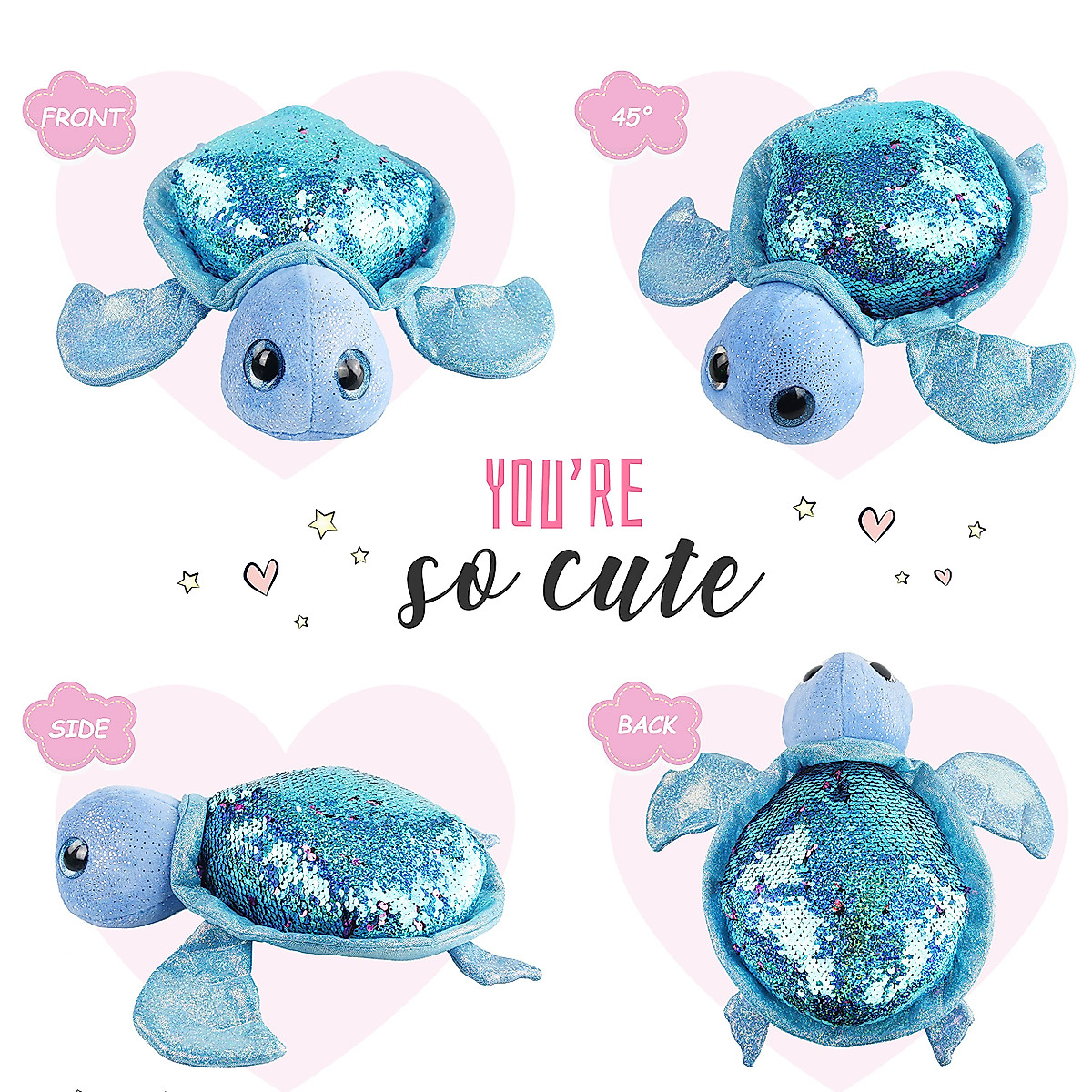 Athoinsu 12'' Blue Turtle Plush Pillow Soft Plush Toy with Reversible Glitter Sequins Sparkle Birthday Children's Day Valentine's Day for Kids Boys Girls Toddlers