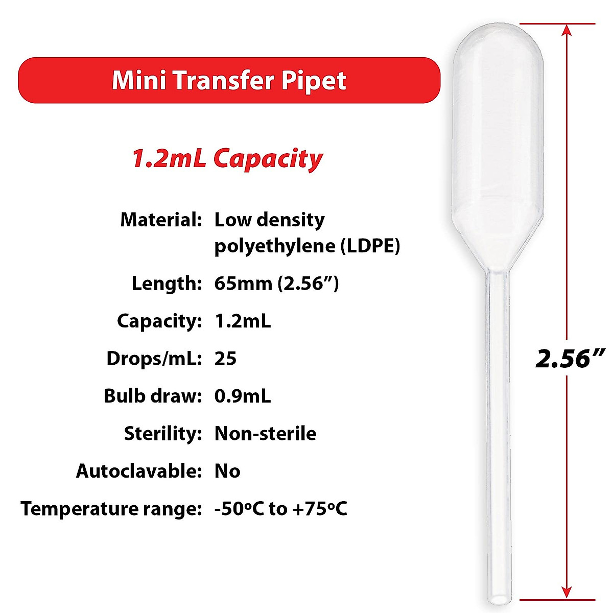 Globe Scientific Transfer Pipettes w/Narrow Stem 1.2 mL, Non-Sterile, LD Polyethylene, 65mm, 138040-500 (Case of 500)