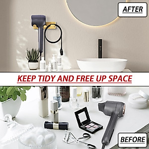 YOUGRIDDA Hair Dryer Holder, Wall Mounted Rack Compatible with All Hair Dryer, Space Organizer for Bathroom/Bedroom/Washroom/Barbershop, 304 Stainless Steel, 3M Self Adhesive (Golden)