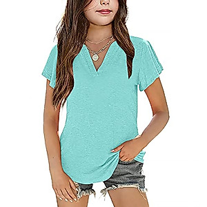 PLNOTME Girls' Summer Cute T Shirts Casual Short Sleeve V Neck Plain Tunic Tops Light Green